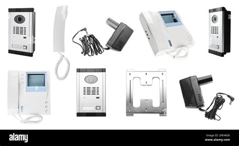 Set With Modern Intercom Stations On White Background Stock Photo Alamy