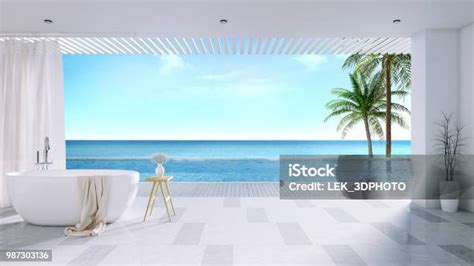 여름 일광욕 갑판 화이트 욕조와 개인 수영장 근처 비치와 파노라마 바다 전망 럭셔리 하우스에서 휴식 3d 렌더링 해변에 대한 스톡 사진 및 기타 이미지 Istock