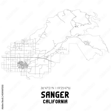 Sanger California Us Street Map With Black And White Lines Stock