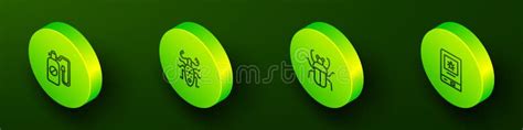 Set Isometric Line Pressure Sprayer Beetle Deer Stink Bug And Book About Insect Icon Vector