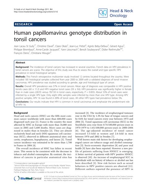 Pdf Human Papillomavirus Genotype Distribution In Tonsil Cancers