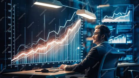 Premium Photo A Man Sits At A Desk In Front Of A Computer With A Graph Graph Behind Him