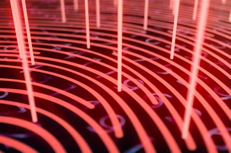 3d 일러스트레이션 지문 스캔은 생체 인식 식별을 통해 보안 액세스를 제공 합니다 개념 지문 해킹 위협 이진 코드와 손가락 인쇄 디지털 보안의 개념입니다 3d 스캔에 대한