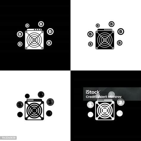 흑백 배경에 Asic 광부 아이콘을 설정 합니다 암호 화폐 채굴 장비 및 하드웨어 애플리케이션별 집적 회로 선 개요 및 선형