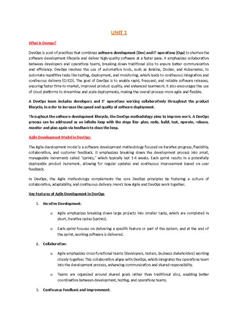 Dev Ops Notes Unit 1 Unit 1 What Is Devops Devops Is A Set Of Practices That Combines