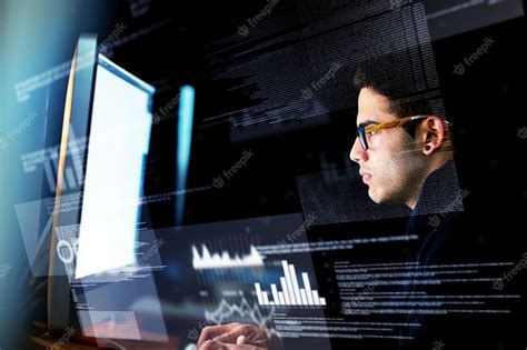 Premium Photo Computer Data Overlay And Man For Digital Programming