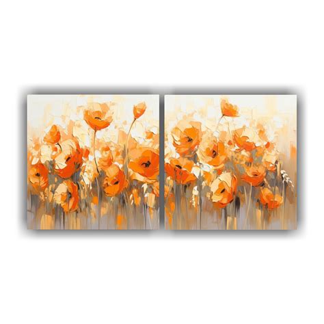 Cuadro Diptico Horizontal Interiores Con Flores En Colores Naranja Y Oro Decocuadros