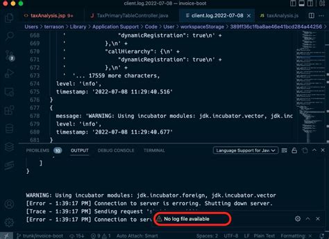 language support for java syntax server server encountered error and will shut down undefined
