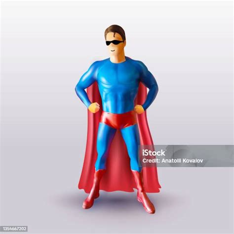 슈퍼 영웅 벡터 그림입니다 파란 옷을 입은 슈퍼맨과 빨간 망토 흰색 배경에 격리된 그림입니다 3차원 형태에 대한 스톡 벡터 아트 및 기타 이미지 Istock