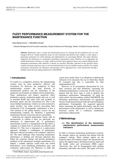 Pdf Fuzzy Performance Measurement System For The Maintenance Function