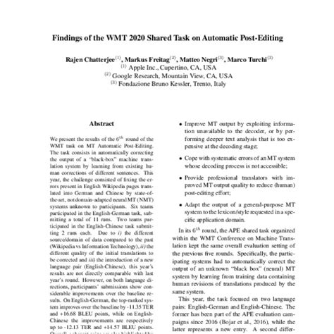 Findings Of The Wmt 2020 Shared Task On Automatic Post Editing Acl Anthology