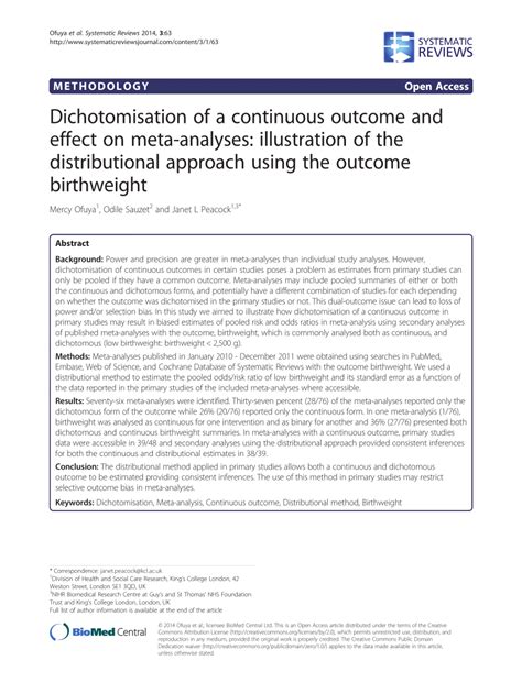 Pdf Dichotomisation Of A Continuous Outcome And Effect On Meta