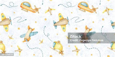 다채로운 어린이 비행기 헬리콥터 하늘을 나는 새 화살표 별 파란색 배경에 수채화 완벽 한 표면 패턴 아기 용품 디자인 섬유 벽지 침대 린넨을 위한 항공기 인쇄 0명에 대한