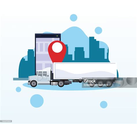 스마트 폰과 Gps 응용 프로그램과 흰색 트럭 자동차 광고에 대한 스톡 벡터 아트 및 기타 이미지 광고 교통수단 내비게이션 Istock