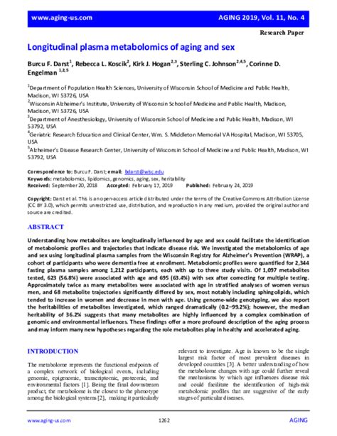 Pdf Longitudinal Plasma Metabolomics Of Aging And Sex