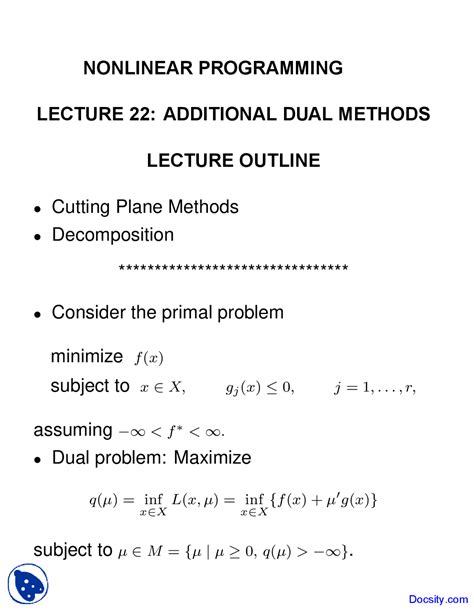 Additional Dual Methods Nonlinear Programming Lecture Slides Docsity