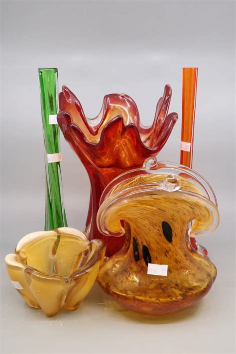 Lot Five Pieces Of Vintage Art Glass Inc Large Red Finger Vase Two