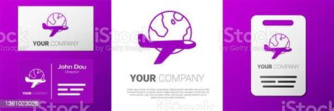 흰색 배경에 고립 된 비행 비행기 아이콘로 고고형 글로브 비행기는 지구 주위를 날아다 항공기 세계 아이콘 로고 디자인 템플릿 요소입니다 벡터 개념에 대한 스톡 벡터 아트 및