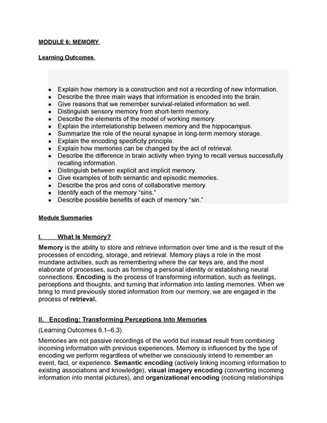 Module 6 Memory Psychology Notes Module 6 Memory Learning Outcomes Explain How Memory Is A