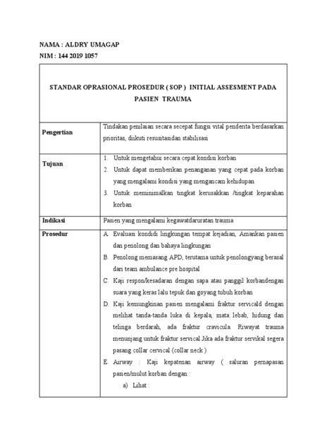Sop Inisial Assessment Trauma Aldry Umagap1 Pdf