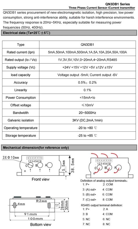 Three Phase Current Sensor Qn3db1 Ac 50ma 100ma 500ma 1a 5a 10a 20a 50a 100a 420ma 10v 5v