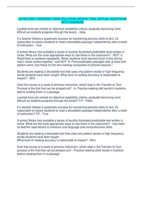 LETRS UNIT 3 SESSION 7 NEW SOLUTION UPDATE TRIAL ACTUAL QUESTIONS WITH ANSWERS LETRS UNIT 3