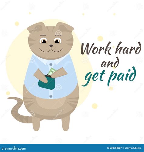 Vector Illustration With A Fold Cat Receiving A Salary For Work Cute