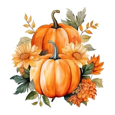 Watercolor Autumn Pumpkin With Flowers And Fall Leaves Art Blue