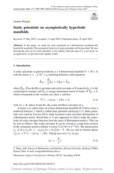 Static Potentials On Asymptotically Hyperbolic Manifolds