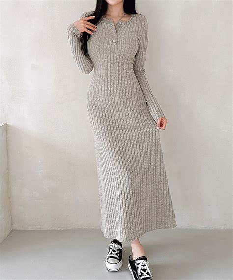 [당일배송💕여리섹시 핏대박 ] 니티 기모 골지 단추 플레어 맥시 원피스 딱붙는 A라인 섹시 슬림 롱원피스 꾸안꾸 키작녀원피스