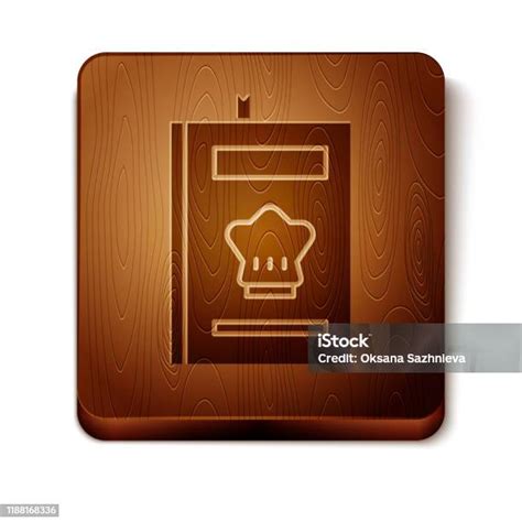 흰색 배경에 격리 된 갈색 요리 책 아이콘입니다 요리 책 아이콘입니다 레시피 책 포크와 나이프 아이콘입니다 칼 기호입니다 나무 사각형 버튼입니다 벡터 일러스트레이션 개념에