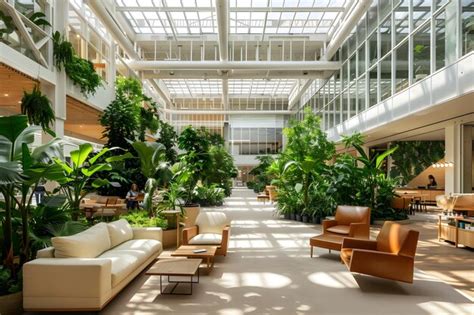 Modern Atrium With Natural Light Greenery And Minimalist Design Creating A Tranquil Environment