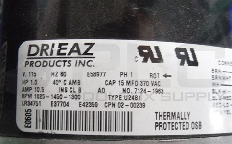 Dri Eaz Motor 1hp 1ph 1625rpm 115v 60hz 105a U24b1 Cpn02 00239 7124