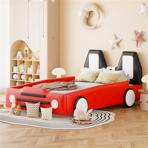 Red Twin Size Race Car Shaped Bed On Wheels Appealing Design For