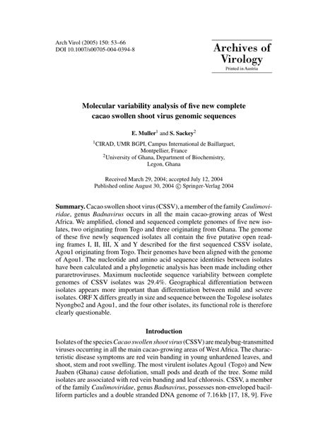 Pdf Molecular Variability Analysis Of Five New Complete Cacao Swollen Shoot Virus Genomic