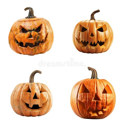 Four Carved Jack O Lantern Pumpkins With Different Expressions Stock
