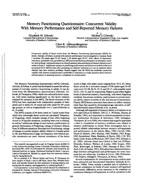 memory functioning questionnaire concurrent validity with memory