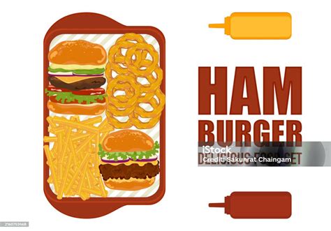 패스트 푸드 세트 준비 패스트 푸드 레스토랑 메뉴 햄버거 튀긴 양파 감자 튀김 세트 고립된 개체는 포스터 음식 메뉴 및 광고를 디자인하기 위해 배경에 있습니다 건강한