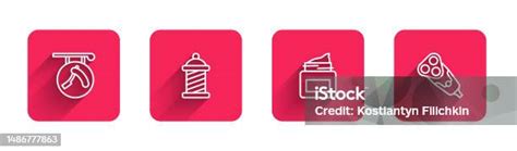 면도기 기둥 크림 화장품 용기 및 긴 그림자가 있는 전기 칼날이 있는 세트 라인 이발소 빨간색 사각형 버튼입니다 벡터 가위에 대한 스톡 벡터 아트 및 기타 이미지 Istock