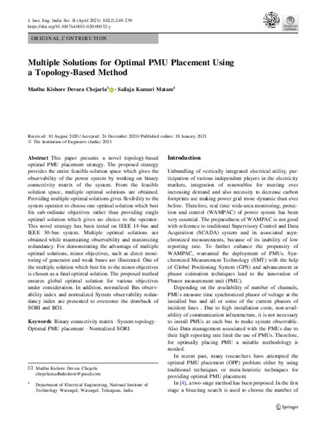 Pdf Multiple Solutions For Optimal Pmu Placement Using A Topology