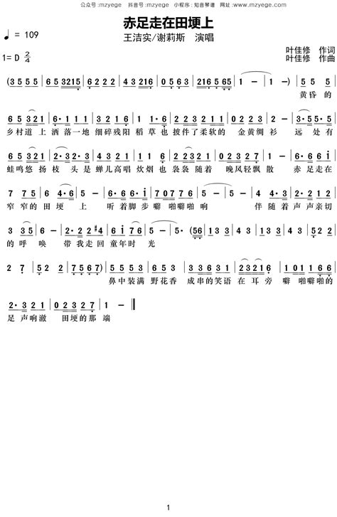 王洁实《赤足走在田埂上》简谱d调钢琴指弹独奏谱 小叶歌吉他