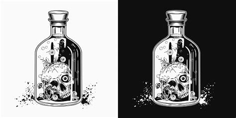 인간의 두개골 안구 버섯의 절반이 들어 있는 손으로 그린 물약 병 흰색 검은색 배경에 빈티지 스타일의 할로윈 소름 끼치는 그림 물약에 대한 스톡 벡터 아트 및 기타 이미지