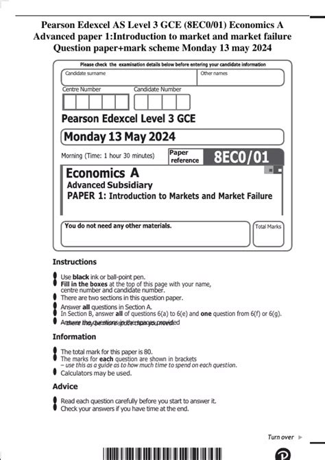 Pearson Edexcel As Level 3 Gce 8ec0 01 Economics A Advanced Paper 1