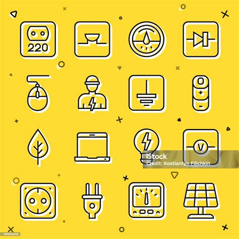 태양 에너지 패널 전압계 배터리 충전 전기 전기 기사 컴퓨터 마우스 전기 콘센트 및 기호 접지 아이콘을 설정합니다 벡터 0명에 대한 스톡 벡터 아트 및 기타 이미지 Istock