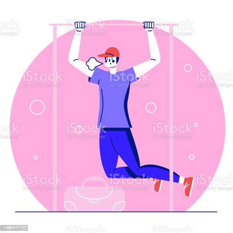 모자와 운동복을 입은 젊은 스포티한 남자가 수평 막대에 손을 잡고 운동을 한다 개념에 대한 스톡 벡터 아트 및 기타 이미지