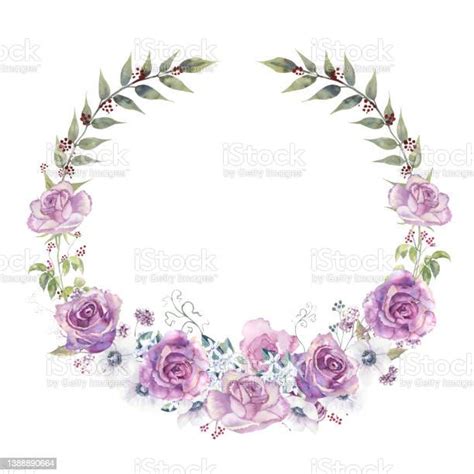 흰색 고립 된 배경에 보라색 장미와 말미잘꽃 화환 손으로 그린 수채화 일러스트 보라색에 대한 스톡 벡터 아트 및 기타 이미지