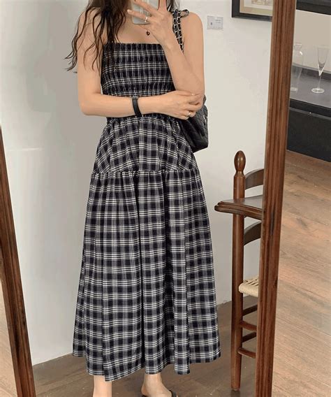 스모크밴딩 체크패턴 나시 롱원피스 Sq33318