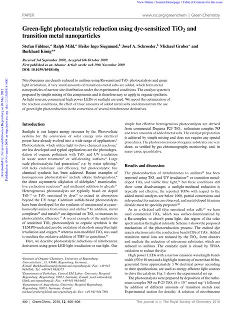 Pdf Cheminform Abstract Green Light Photocatalytic Reduction Using Dye Sensitized Tio2 And