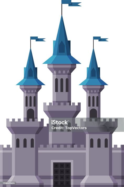 중세 성 타워와 푸른 깃발 동화 돌 요새 고대 요새 화 궁전 외부 벡터 일러스트 0명에 대한 스톡 벡터 아트 및 기타 이미지