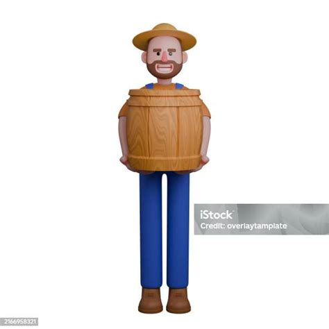 3d 만화 남성 농업자 한 농부가 커다란 나무 통을 양손으로 들고 서 있습니다 농업 일러스트 3차원 형태에 대한 스톡 사진 및 기타 이미지 Istock